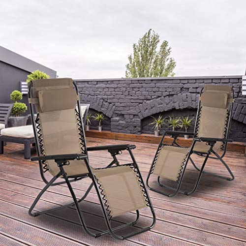FDW Set of 2 Zero Gravity Chairs Lounge Patio Chairs Outdoor Yard Beach (Tan)