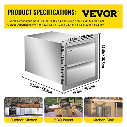 VBENLEM 14W x 14.5H x 23D Inch Flush Mount Stainless Steel Double Drawers with Recessed Handles for Outdoor Kitchens or BBQ Island