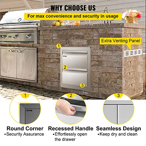 VBENLEM 14W x 14.5H x 23D Inch Flush Mount Stainless Steel Double Drawers with Recessed Handles for Outdoor Kitchens or BBQ Island