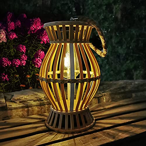 11.8” Solar Table Lamp Lantern Outdoor - Rustic Large Rattan Woven Lantern Light with Edison Bulb, Solar-Powered Warm Light, Great Decor for Garden, Patio, Desk
