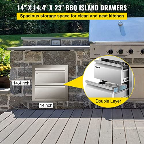 VBENLEM 14W x 14.5H x 23D Inch Flush Mount Stainless Steel Double Drawers with Recessed Handles for Outdoor Kitchens or BBQ Island