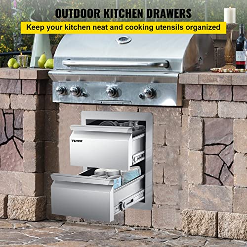 VBENLEM 14W x 14.5H x 23D Inch Flush Mount Stainless Steel Double Drawers with Recessed Handles for Outdoor Kitchens or BBQ Island