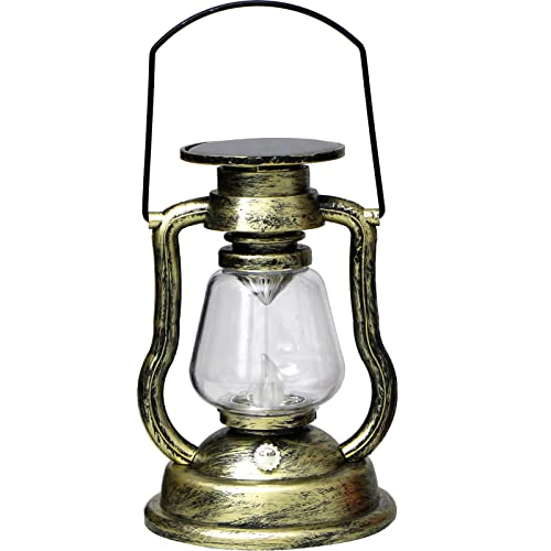 MECAKUCA LED Vintage Lanterns Solar Old Hurricane Lantern Waterproof,Antique Metal Hanging Lantern Lamp for Indoor Table Outdoor Camping Lighting,Gold