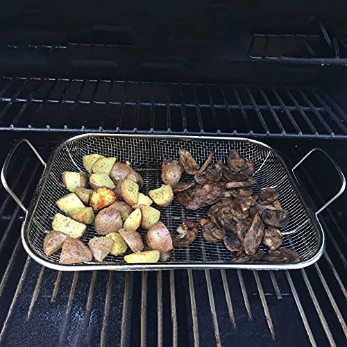 WUWEOT Grill Basket, Vegetable Barbecue Basket, 15" x 11" Stainless Steel Square Wire Mesh Grilling Basket Roasting Pan with Two Handles for Vegetables, Chicken, Meats and Fish