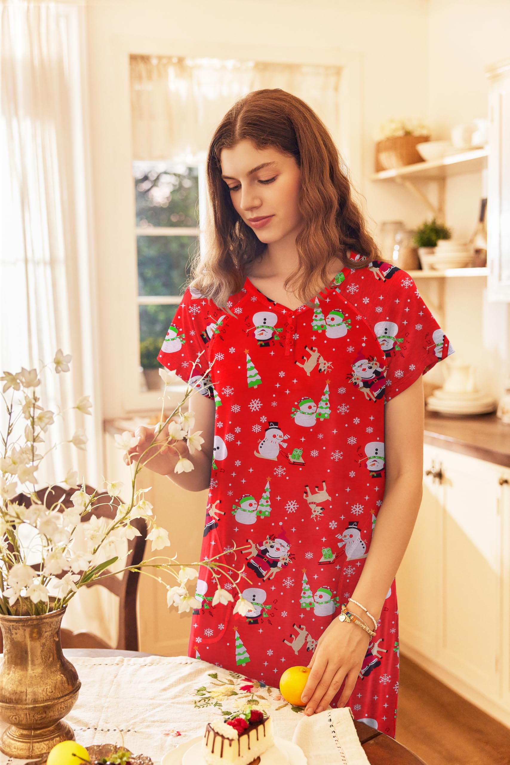 Ekouaer Long Nightgown Women's Loungewear Short Sleeve Sleepwear Full Length Sleep Shirt with Pockets