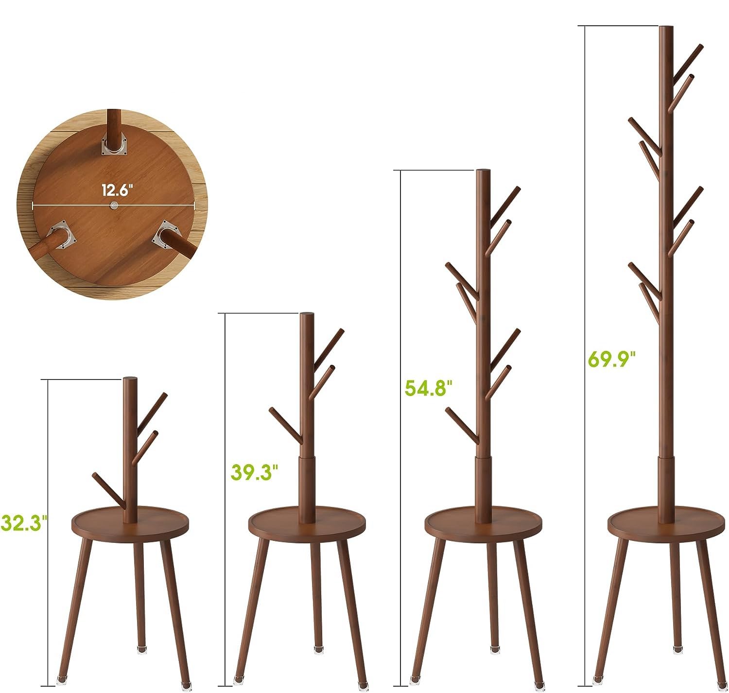 Vriccc Coat Rack Freestanding, Bamboo Coat Stand with Disc, Adjustable Height Wooden Coat Tree with 8 Hooks, kids coat rack, Used In The Bedroom Living Room, Office To Hang Clothes, Hats, Bags