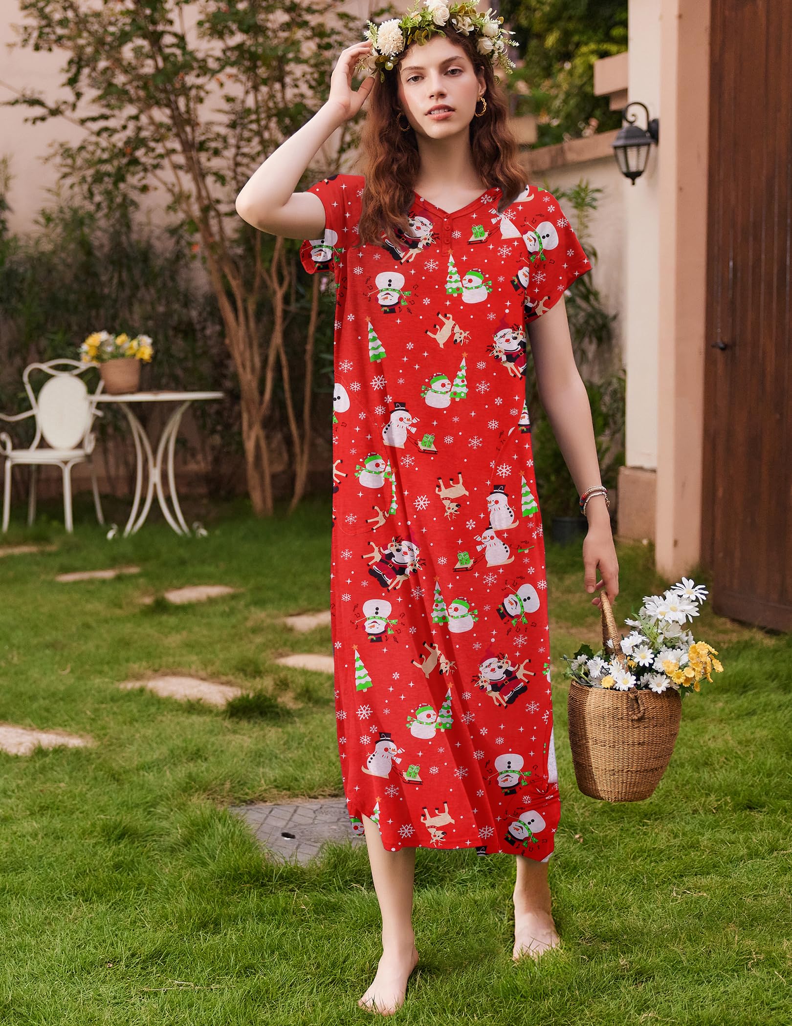 Ekouaer Long Nightgown Women's Loungewear Short Sleeve Sleepwear Full Length Sleep Shirt with Pockets
