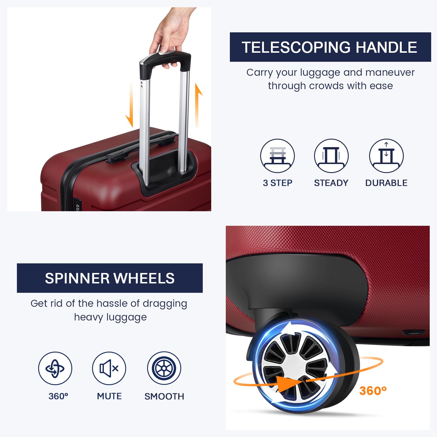 YEMENREN Luggage Sets Hardside Lightweight Suitcase with Spinner Wheels TSA Lock, 3-Piece Set (20/24/28), Red