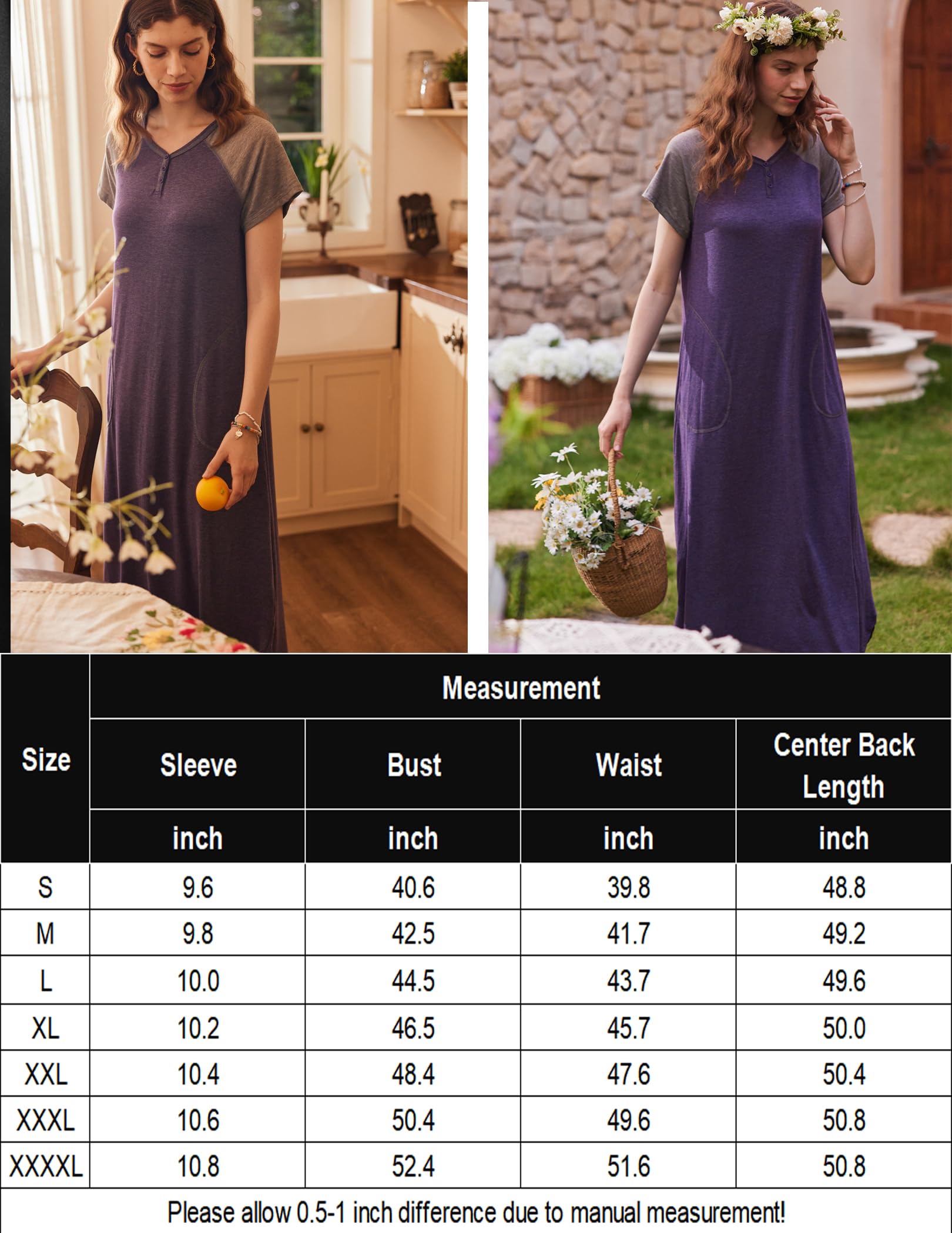 Ekouaer Long Nightgown Women's Loungewear Short Sleeve Sleepwear Full Length Sleep Shirt with Pockets
