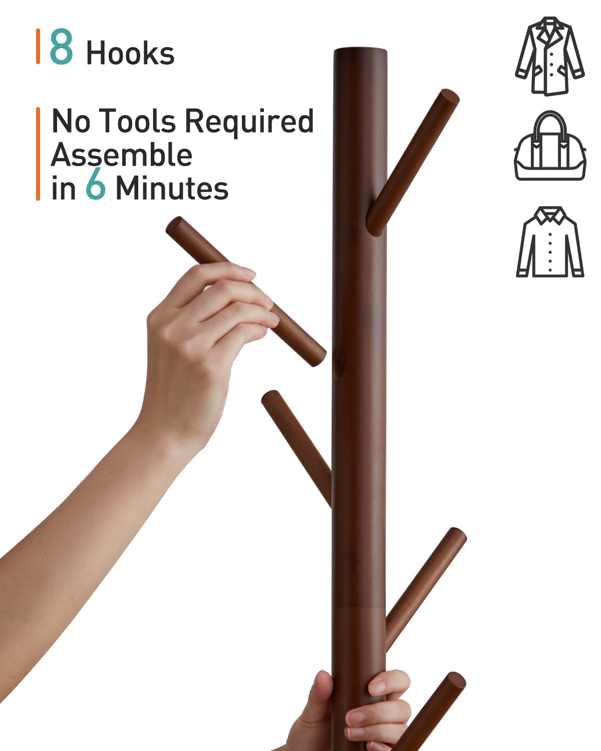 Vriccc Coat Rack Freestanding, Bamboo Coat Stand with Disc, Adjustable Height Wooden Coat Tree with 8 Hooks, kids coat rack, Used In The Bedroom Living Room, Office To Hang Clothes, Hats, Bags