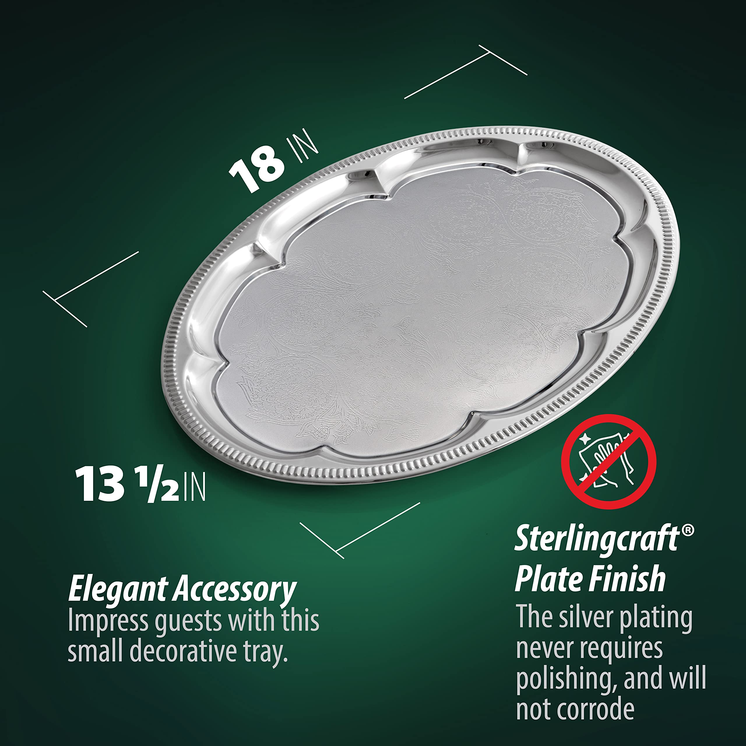 SterlingCraft Serving Tray - Oblong Decorative Food Platter for Thanksgiving, Party, Catering - Cake, Appetizer, Snack, Tea Plate - No Polishing, Silver - 9 X 6 Inches