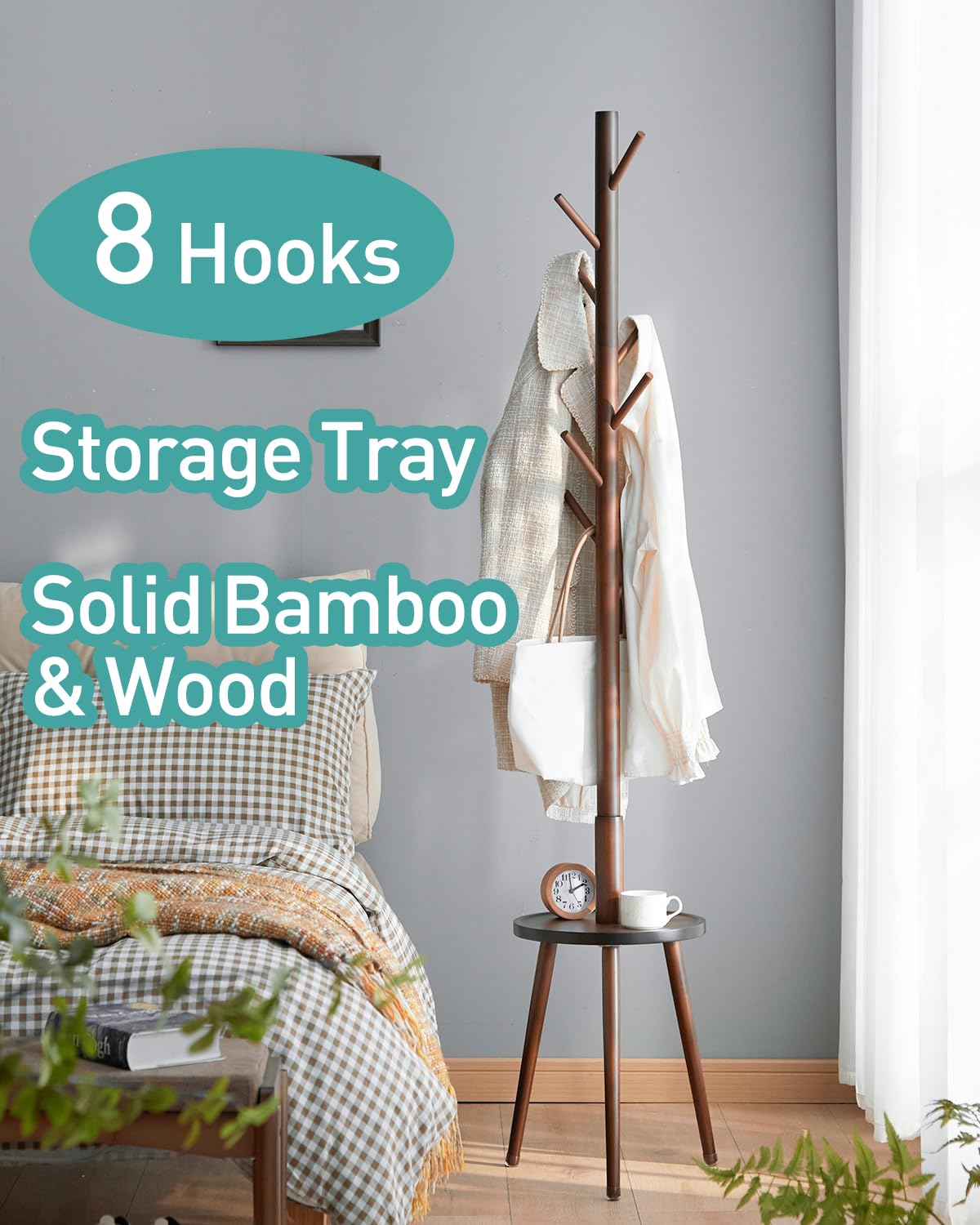 Vriccc Coat Rack Freestanding, Bamboo Coat Stand with Disc, Adjustable Height Wooden Coat Tree with 8 Hooks, kids coat rack, Used In The Bedroom Living Room, Office To Hang Clothes, Hats, Bags