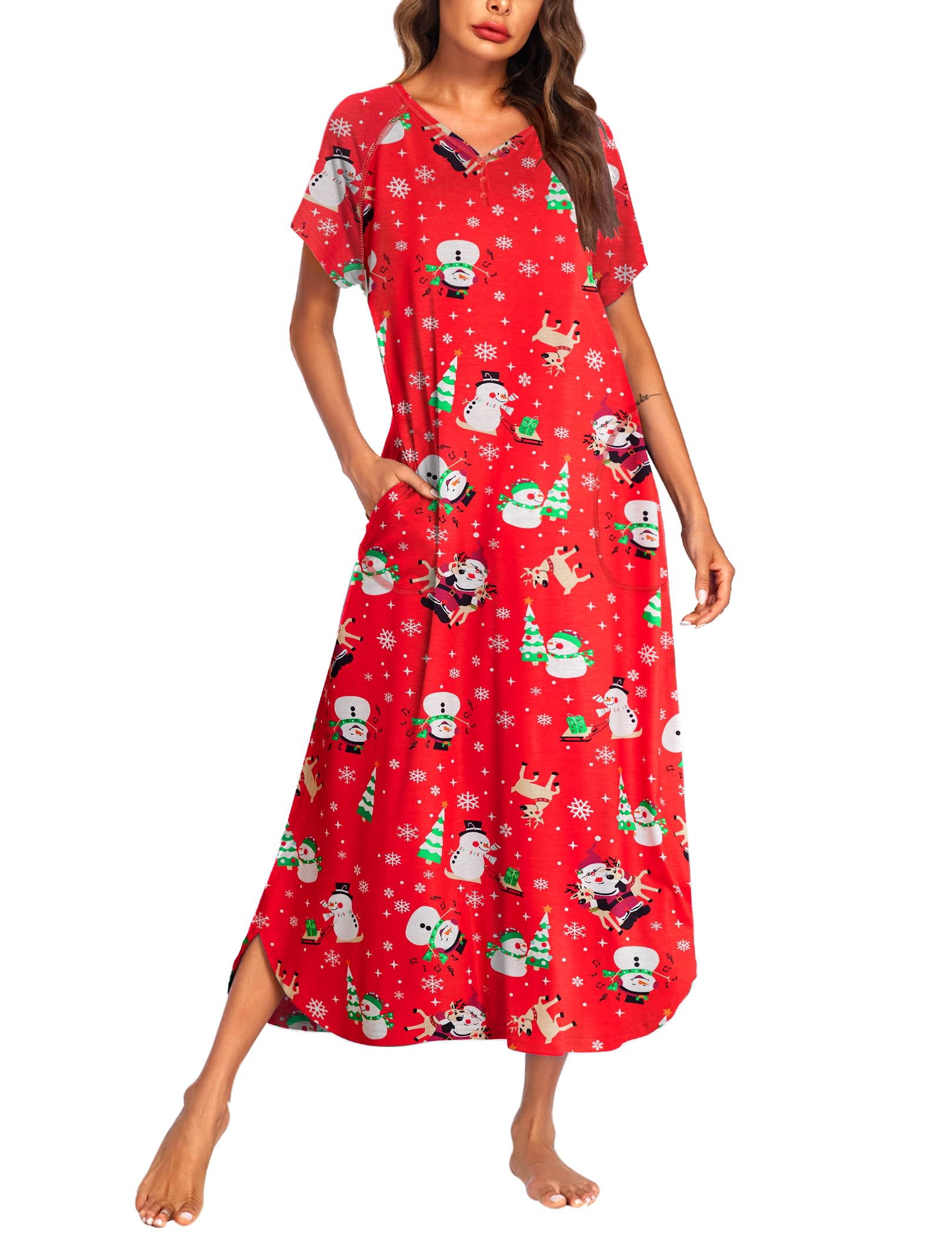 Ekouaer Long Nightgown Women's Loungewear Short Sleeve Sleepwear Full Length Sleep Shirt with Pockets