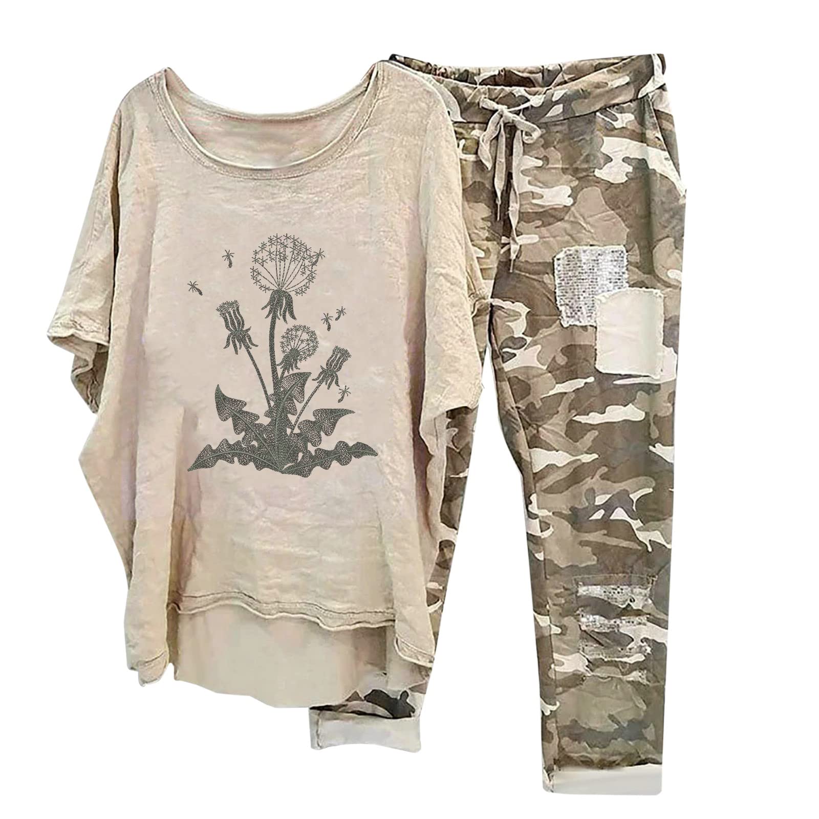 Cute Outfits for Women 2 Piece Sets Feather Floral Print Tops Camo Pant Oversized Tracksuit Casual Plus Size Vacation Outfits