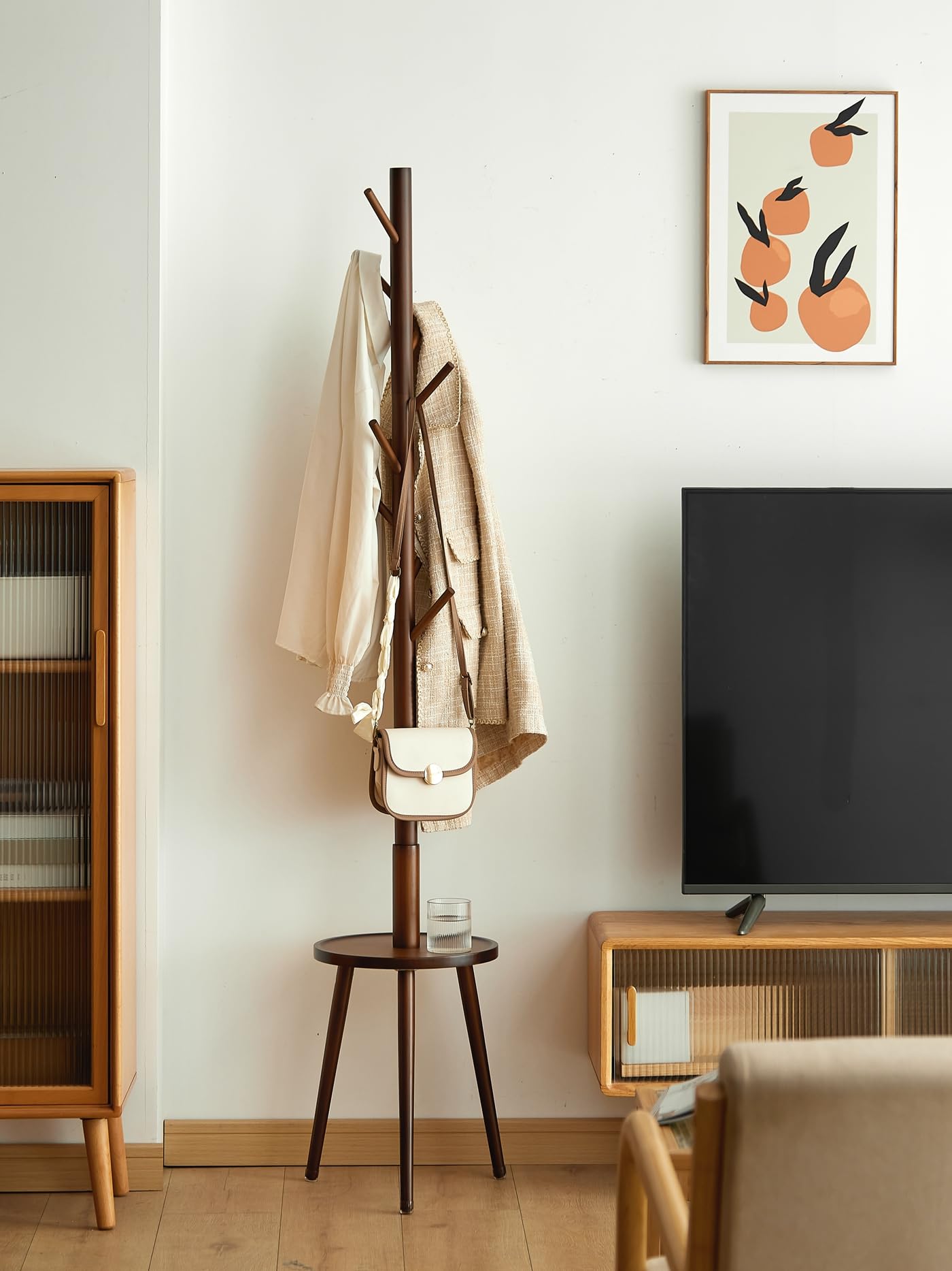 Vriccc Coat Rack Freestanding, Bamboo Coat Stand with Disc, Adjustable Height Wooden Coat Tree with 8 Hooks, kids coat rack, Used In The Bedroom Living Room, Office To Hang Clothes, Hats, Bags