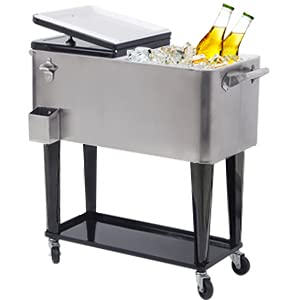 Nattork 80 Quart Rolling Cooler Cart for Outdoor Patio Deck Party, Portable Party Bar Cold Drink Beverage Cart,Ice Chest with Shelf, Water Pipe and Bottle Opener (Silver-1)