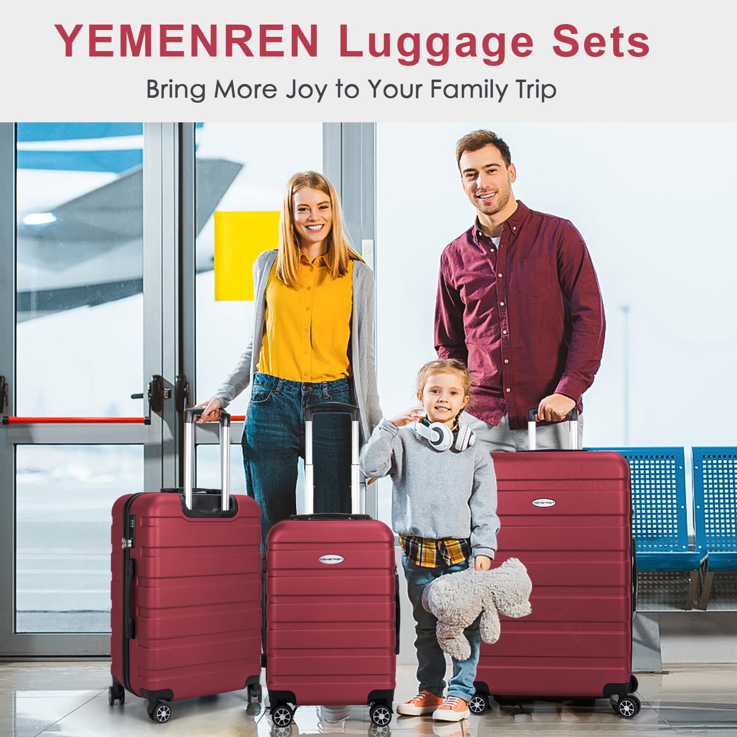 YEMENREN Luggage Sets Hardside Lightweight Suitcase with Spinner Wheels TSA Lock, 3-Piece Set (20/24/28), Red