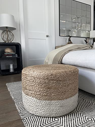 S & L Homes Pouf Ottoman - 100% Jute Braided Footrest Stool Hand Knitted Traditional Cord Boho Pouffe for Living Room, Bedroom, Nursery, Patio, Lounge Colorblock - Natural Ivory (18”x18”x12”)