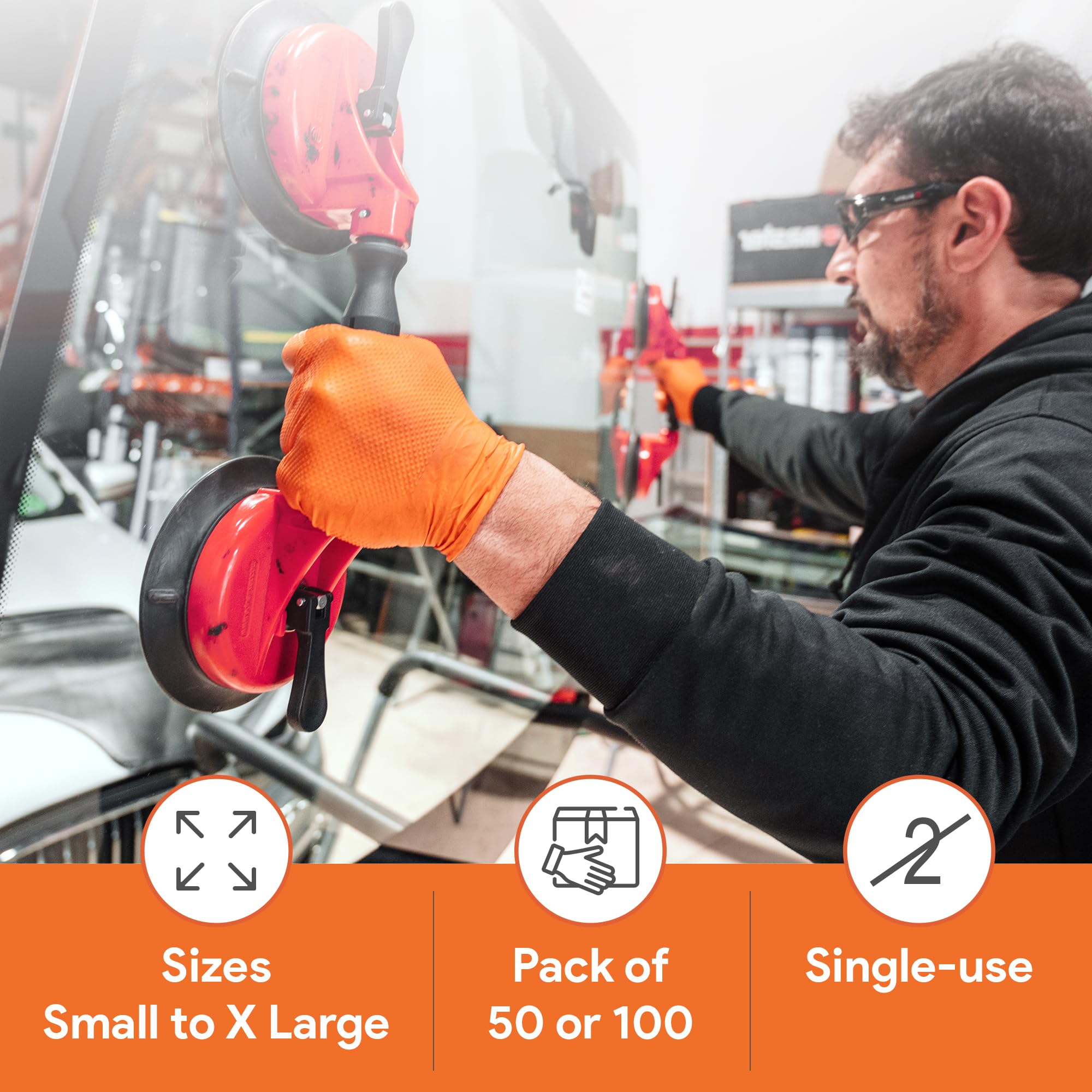 WECARE Orange 8 Mil Nitrile Gloves Medium 50 Pack - Heavy Duty Mechanic Gloves, with Diamond Grip - Powder and Latex Free Disposable Gloves