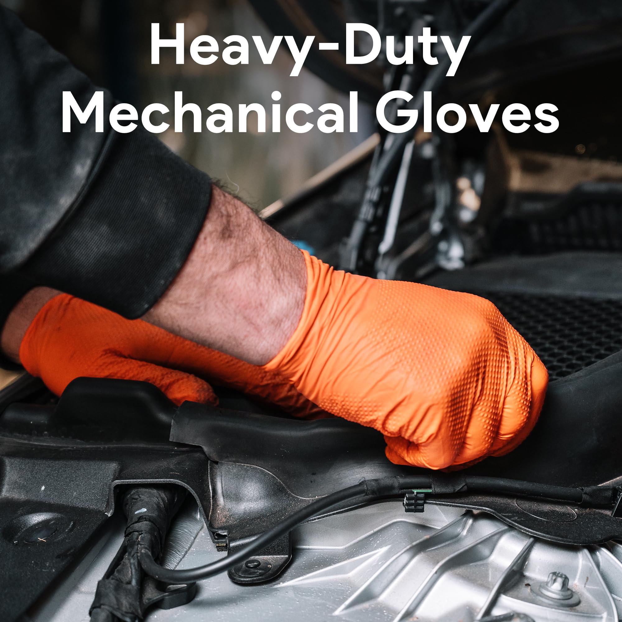 WECARE Orange 8 Mil Nitrile Gloves Medium 50 Pack - Heavy Duty Mechanic Gloves, with Diamond Grip - Powder and Latex Free Disposable Gloves
