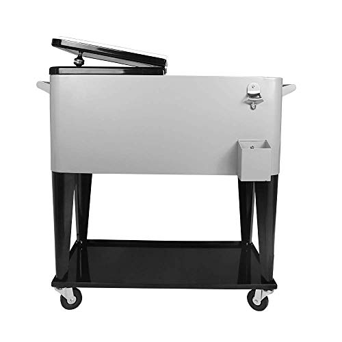 Nattork 80 Quart Rolling Cooler Cart for Outdoor Patio Deck Party, Portable Party Bar Cold Drink Beverage Cart,Ice Chest with Shelf, Water Pipe and Bottle Opener (Silver-1)