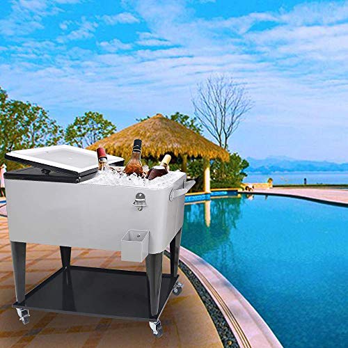 Nattork 80 Quart Rolling Cooler Cart for Outdoor Patio Deck Party, Portable Party Bar Cold Drink Beverage Cart,Ice Chest with Shelf, Water Pipe and Bottle Opener (Silver-1)