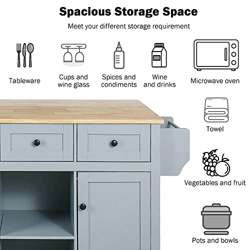 LOVMOR Mobile Kitchen Islands with Storage, Kitchen Carts on Wheels with Rubber Wood Drop-Leaf Countertop, Kitchen Pantry Storage Cabinet with Storage Cabinet and 3 Drawers for Dining Room, Blue