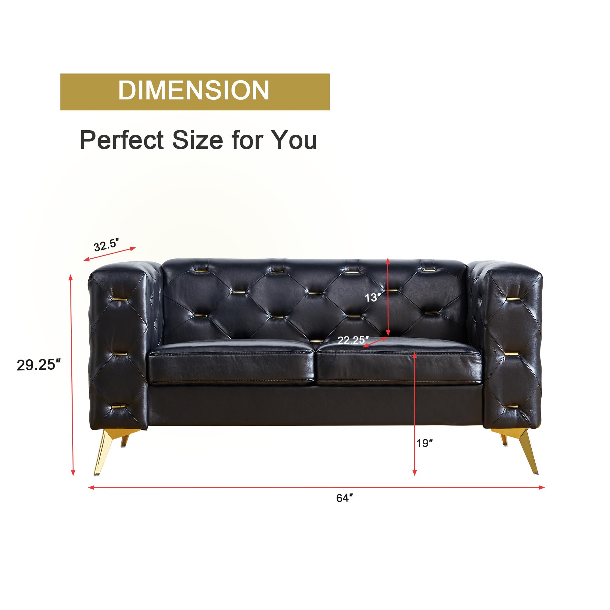 LEVNARY Black Leather Couch Loveseat, Modern Button Tufted Upholstered 2 Seater Couch, Comfy Chesterfield Sofa Couches for Living Room Bedroom Office (Black)