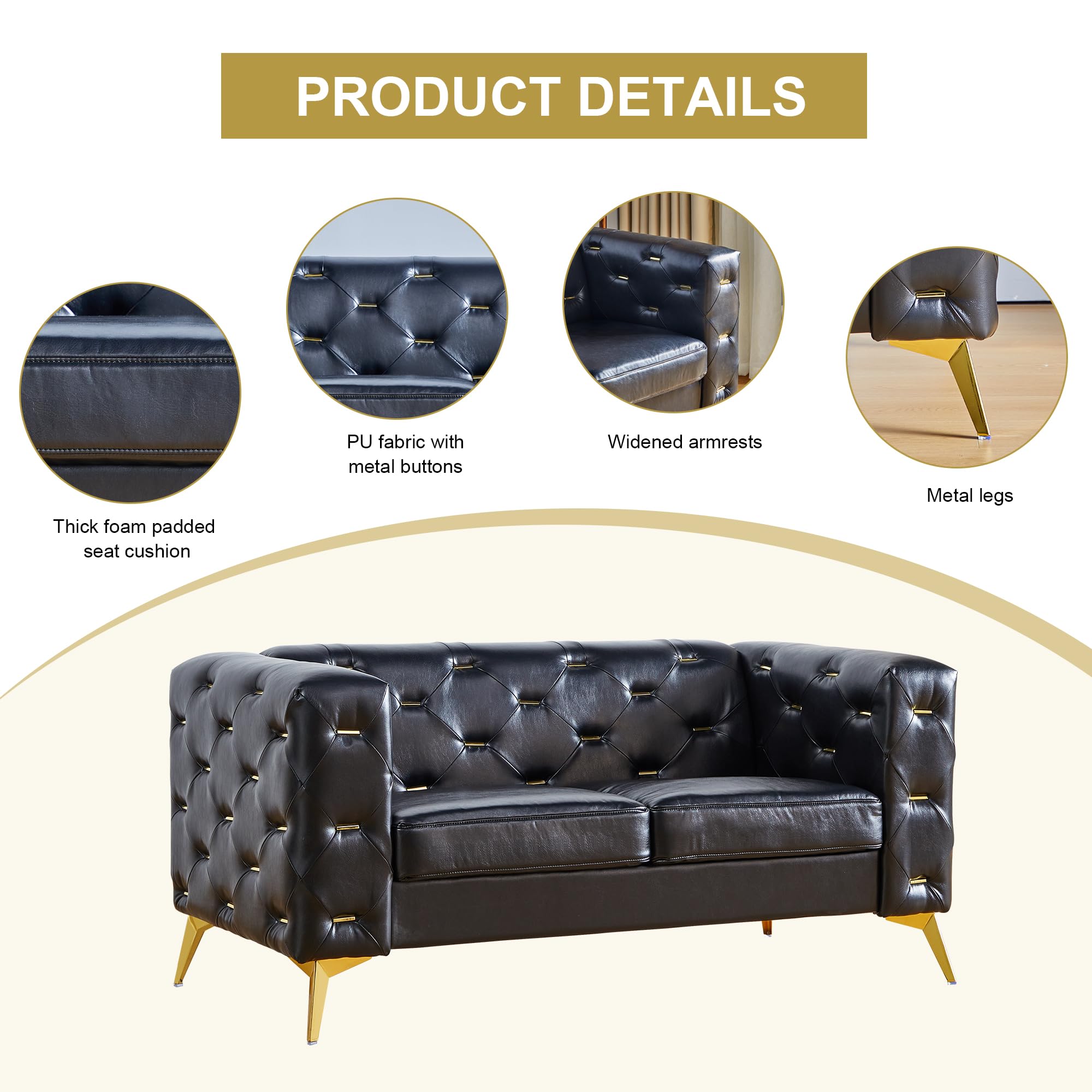 LEVNARY Black Leather Couch Loveseat, Modern Button Tufted Upholstered 2 Seater Couch, Comfy Chesterfield Sofa Couches for Living Room Bedroom Office (Black)