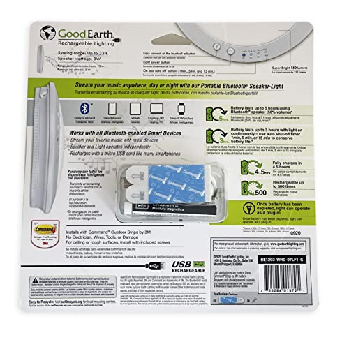 Good Earth Lighting LED Indoor/Outdoor Rechargeable Bluetooth Speaker Light - White, IP65, 4000K, 150 Lumens, Light Timer, USB Charging Cord Included, 30,000 Hour Rated Lamp Life