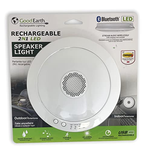 Good Earth Lighting LED Indoor/Outdoor Rechargeable Bluetooth Speaker Light - White, IP65, 4000K, 150 Lumens, Light Timer, USB Charging Cord Included, 30,000 Hour Rated Lamp Life