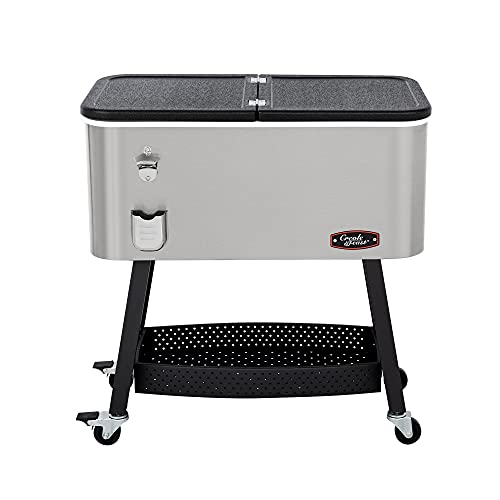 CreoleFeast CL8001S 80-Quart Premium Rolling Cooler, Stainless Steel Portable Cold Drink Beverage Cooler Cart for Outdoor Patio, Tailgating, Poolside BBQ Party, Silver