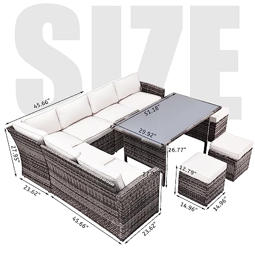 JETEAGO 7 Piece Patio Furniture Set Wicker Conversation Set Outdoor Garden Sectional Rattan Sofa with Dining Table,Ottoman for Yard Poolside, Beige
