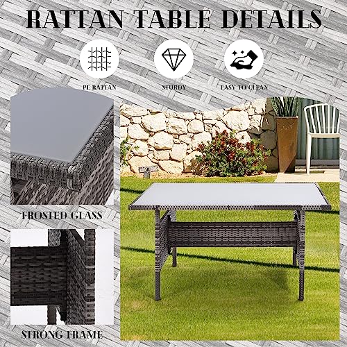 JETEAGO 7 Piece Patio Furniture Set Wicker Conversation Set Outdoor Garden Sectional Rattan Sofa with Dining Table,Ottoman for Yard Poolside, Beige