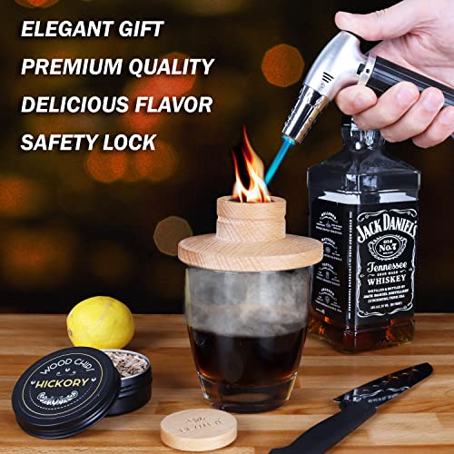 Old Fashioned Cocktail Smoker Kit with Torch and Wooden Storage Box - 10 Pcs Infuser Set with 4 Flavours of Wooden Smoker Chips for Whiskey and Bourbon Drinks - Great Gift for Classic Men (NO BUTANE)