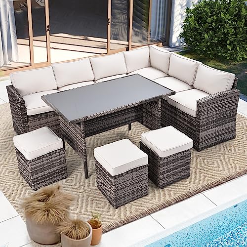 JETEAGO 7 Piece Patio Furniture Set Wicker Conversation Set Outdoor Garden Sectional Rattan Sofa with Dining Table,Ottoman for Yard Poolside, Beige