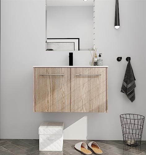 30 Inch Wall Mounted Bathroom Vanity Sink Combo, Modern Bathroom Vanity Set with Gel Sink Top, 2 Door Storage Cabinet with Handle, Hanging Bathroom Vanity w/Sink