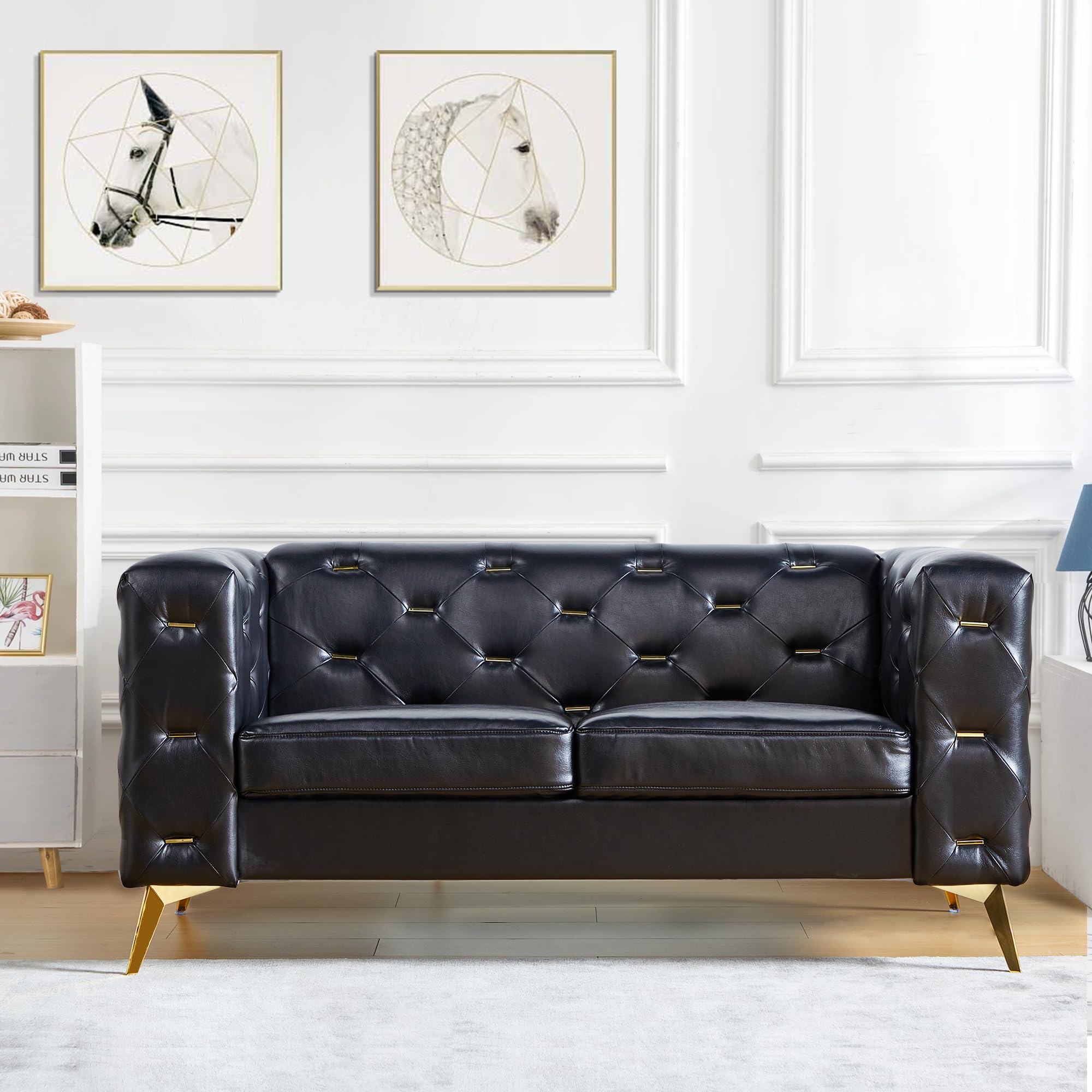 LEVNARY Black Leather Couch Loveseat, Modern Button Tufted Upholstered 2 Seater Couch, Comfy Chesterfield Sofa Couches for Living Room Bedroom Office (Black)
