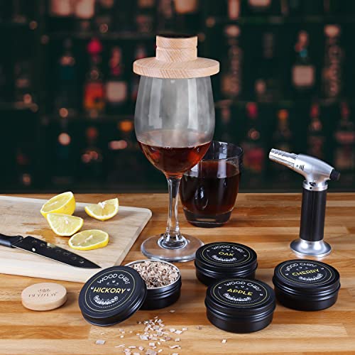 Old Fashioned Cocktail Smoker Kit with Torch and Wooden Storage Box - 10 Pcs Infuser Set with 4 Flavours of Wooden Smoker Chips for Whiskey and Bourbon Drinks - Great Gift for Classic Men (NO BUTANE)
