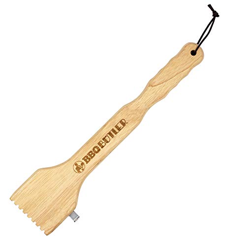 BBQ Butler Wood Grill Scraper - Wooden Barbecue Cleaner - BBQ Tools - Bristle Free - Food Safe Oak Grill Scraper with Metal Scraping Hook and Bottle Opener