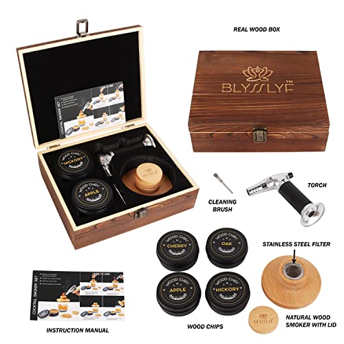 Old Fashioned Cocktail Smoker Kit with Torch and Wooden Storage Box - 10 Pcs Infuser Set with 4 Flavours of Wooden Smoker Chips for Whiskey and Bourbon Drinks - Great Gift for Classic Men (NO BUTANE)