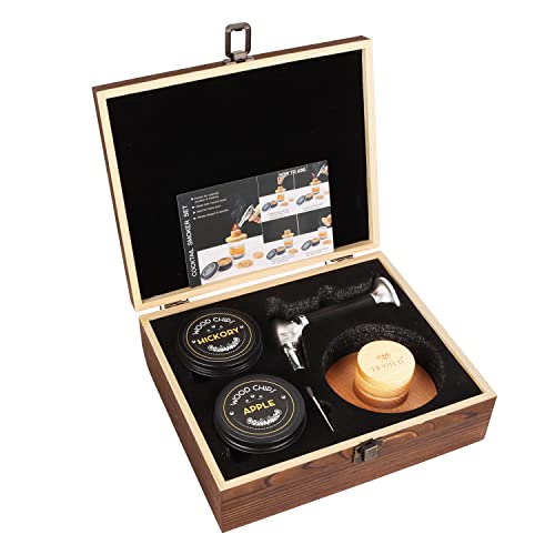 Old Fashioned Cocktail Smoker Kit with Torch and Wooden Storage Box - 10 Pcs Infuser Set with 4 Flavours of Wooden Smoker Chips for Whiskey and Bourbon Drinks - Great Gift for Classic Men (NO BUTANE)