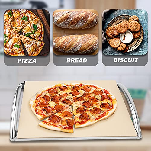 Skyflame 14β x 16β Rectangle Ceramic Pizza Baking Stone with Metal Handle Rack Compatible With Most Charcoal Grills, Gas Grills, Pizza Oven, Pellet Grills, BGE, Kamado Grills, Smoker