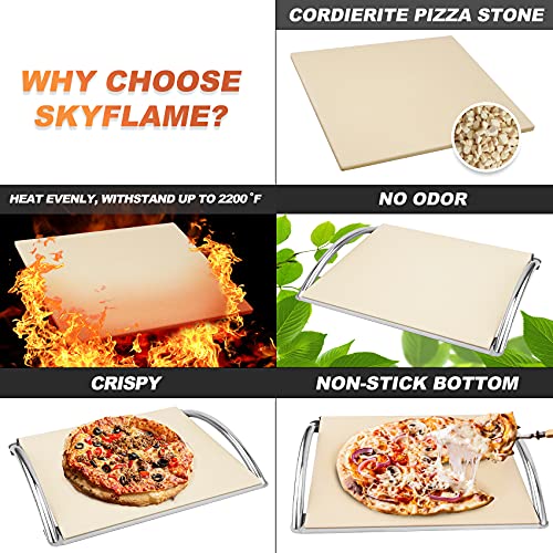 Skyflame 14β x 16β Rectangle Ceramic Pizza Baking Stone with Metal Handle Rack Compatible With Most Charcoal Grills, Gas Grills, Pizza Oven, Pellet Grills, BGE, Kamado Grills, Smoker