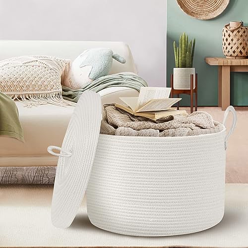 MEGASKET White Baskets for Organizing, 20" X 20" X 15" Large Storage Basket with Lid, Nursery Tall Baby Wicker Laundry Basket Hamper with Lid, White Blanket Toy Woven Rope Storage Basket Living Room