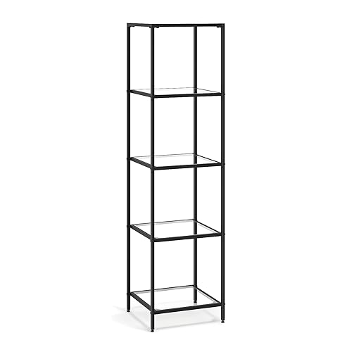 Homhedy 5-Tier Bookshelf,Metal Bookcase,Tempered Glass Shelves,Storage Rack Shelf for Home Office,Living Room,Bedroom, Bathroom,Modern Style, Black