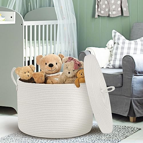 MEGASKET White Baskets for Organizing, 20" X 20" X 15" Large Storage Basket with Lid, Nursery Tall Baby Wicker Laundry Basket Hamper with Lid, White Blanket Toy Woven Rope Storage Basket Living Room