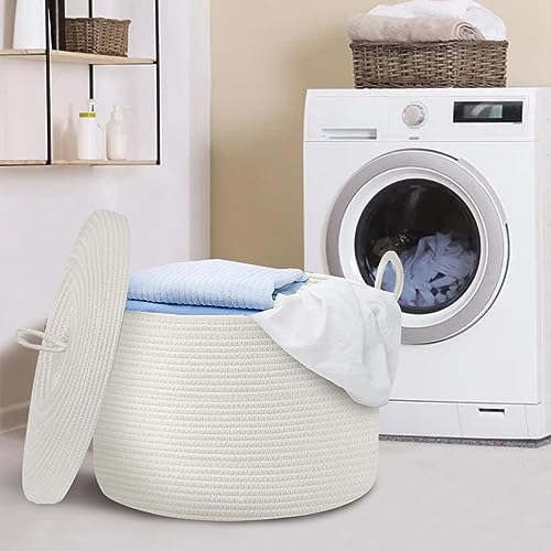 MEGASKET White Baskets for Organizing, 20" X 20" X 15" Large Storage Basket with Lid, Nursery Tall Baby Wicker Laundry Basket Hamper with Lid, White Blanket Toy Woven Rope Storage Basket Living Room