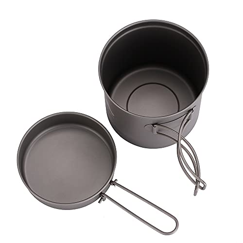 JAHH Titanium Pan Pot Outdoor Camping Hiking Cookware Backpacking Cooking Picnic Bowl Pot Pan Set with Folded Handle