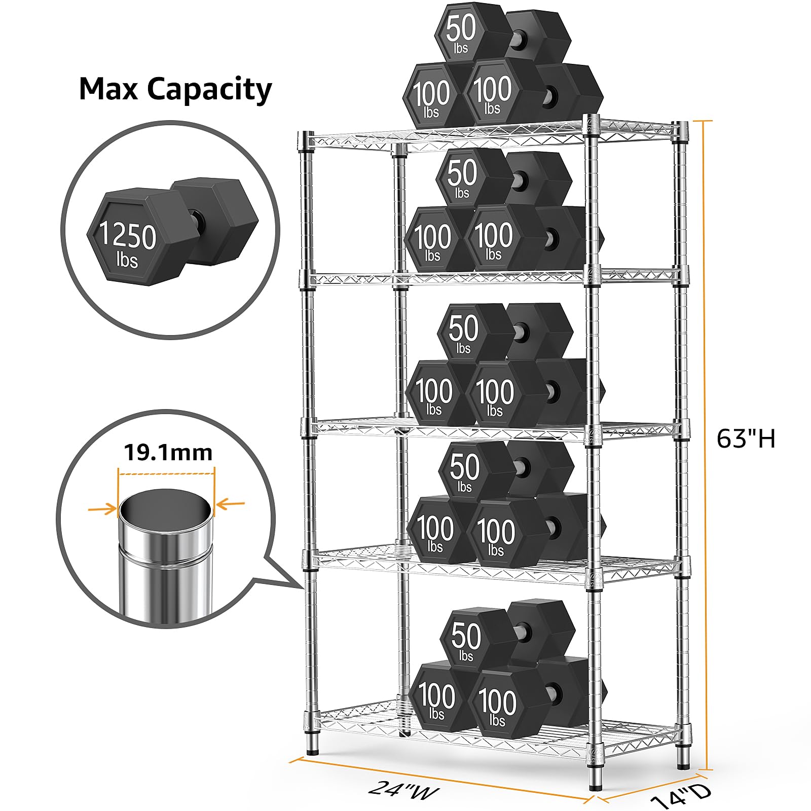 MZG 1250 lbs Steel Heavy Duty 5-Tier Utility Shelving Unit Steel Organizer Wire Rack for Home,Kitchen,Office,Chrome (13.7" D x 23.6" W x 62.4" H)